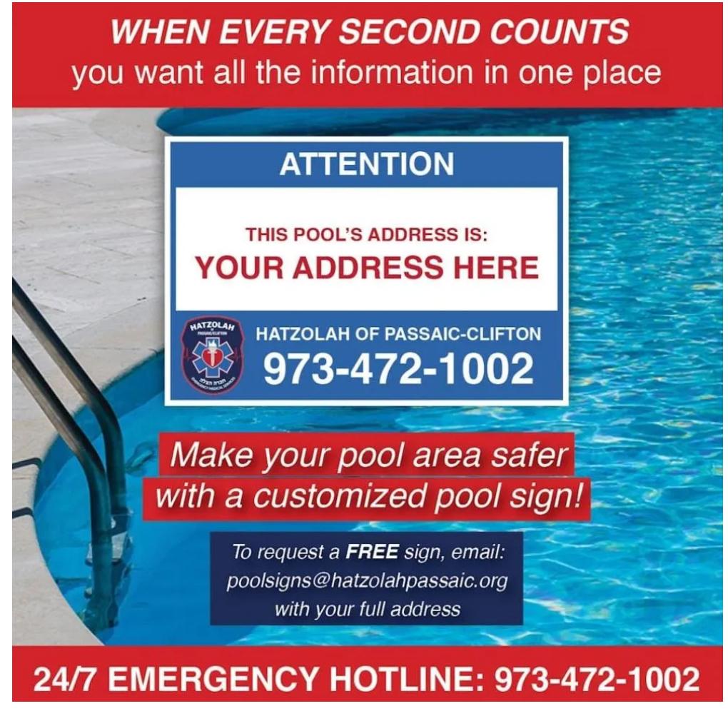 Emergency Number Pool Sign - Hatzolah Passaic-Clifton